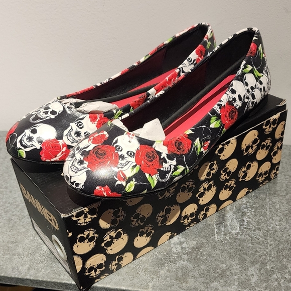 Shoes | Banned Alternative Ella Gothabilly Skull Roses Ballerina Flats ...